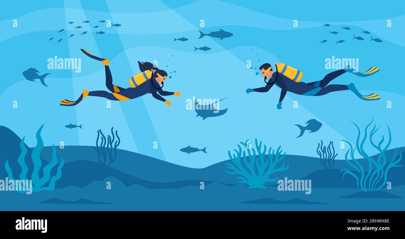 Divers with diving equipment swim in the sea. Seascape banner with ...