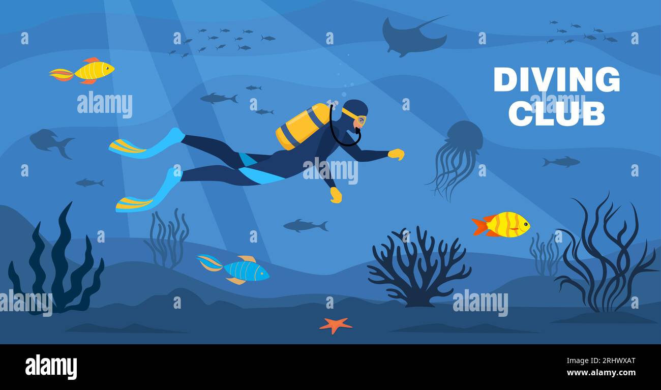 Diving club banner. Diver with diving equipment swims in the sea ...