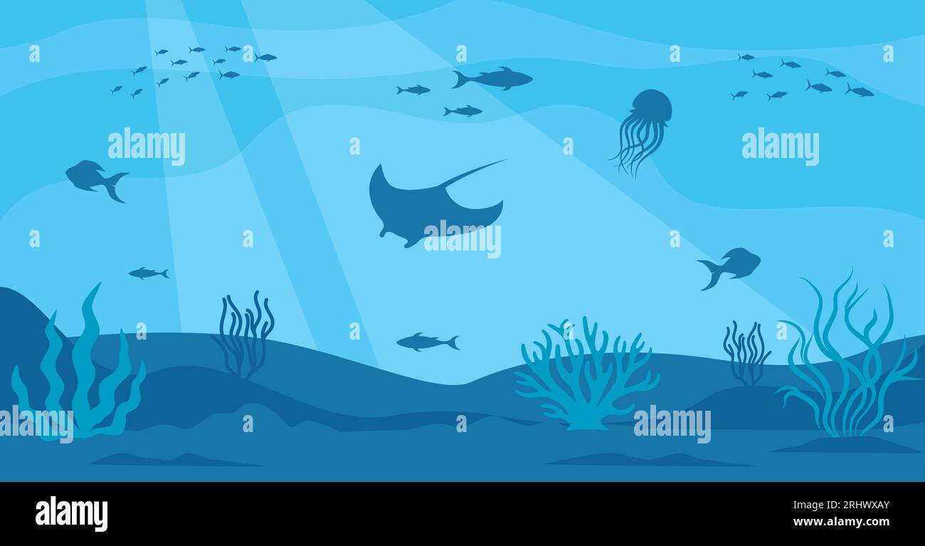 Underwater cartoon landscape. The bottom of the sea. Cute whale. Fish ...