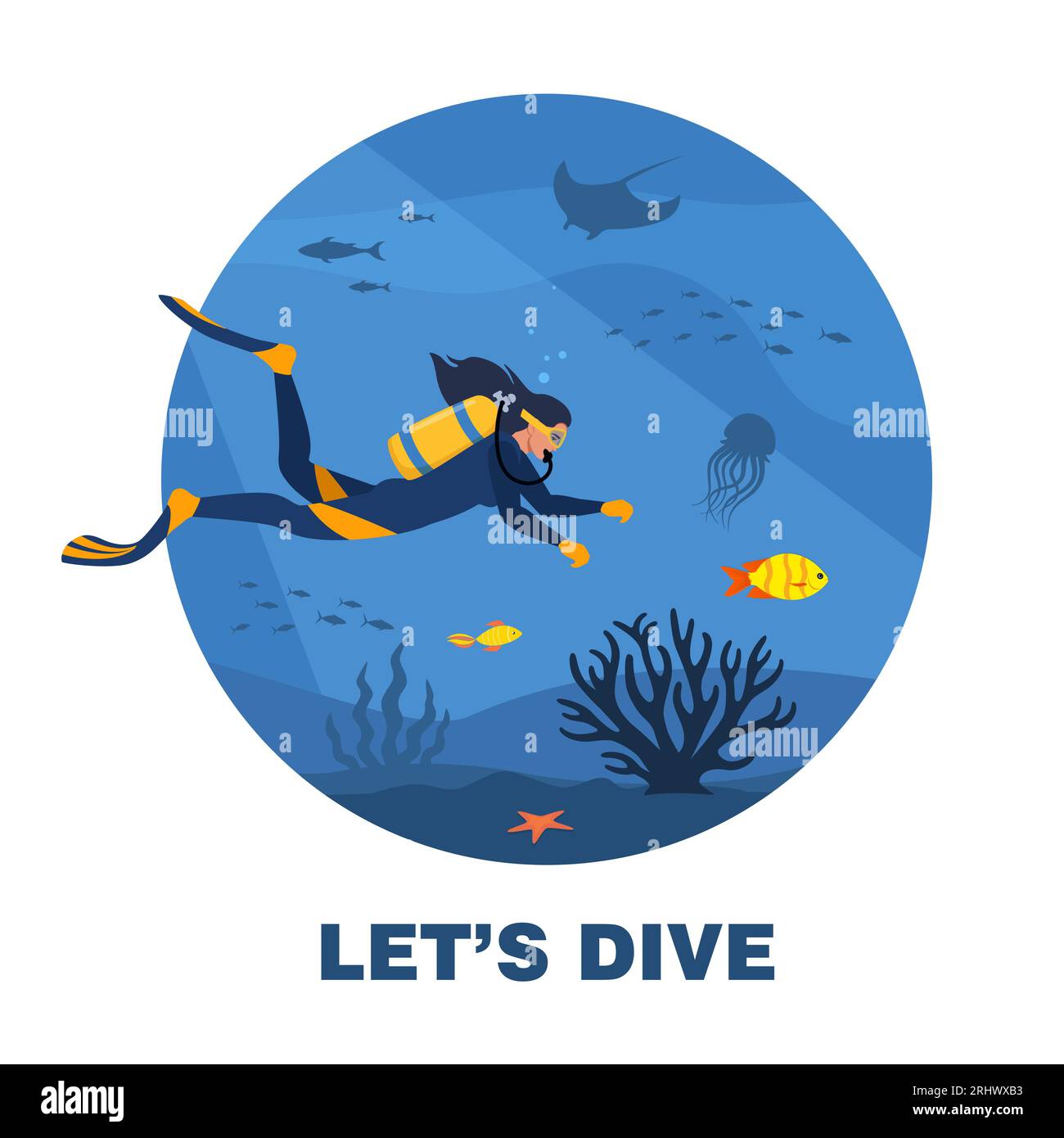 Let's dive, round banner. Diver with diving equipment swims in the sea ...