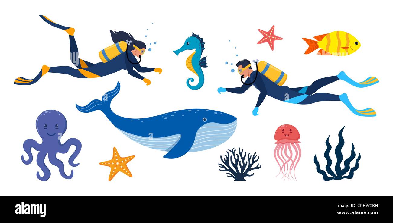 Diving and underwater world, set of elements. Divers with aqualung ...