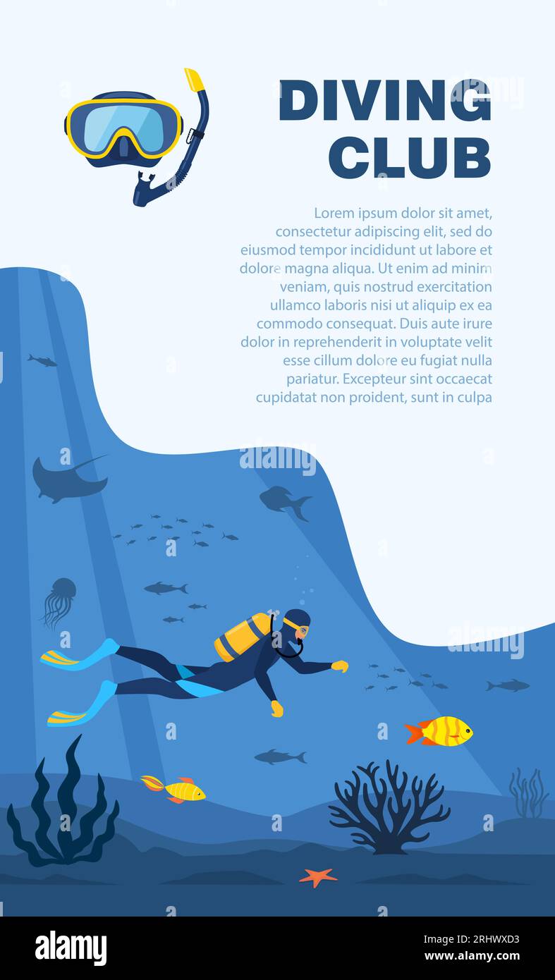 Diver with diving equipment swims in the sea. Seascape banner with man ...