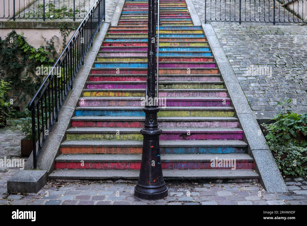 Colorful steps from a street in Montmartre leading up to the Basilica ...