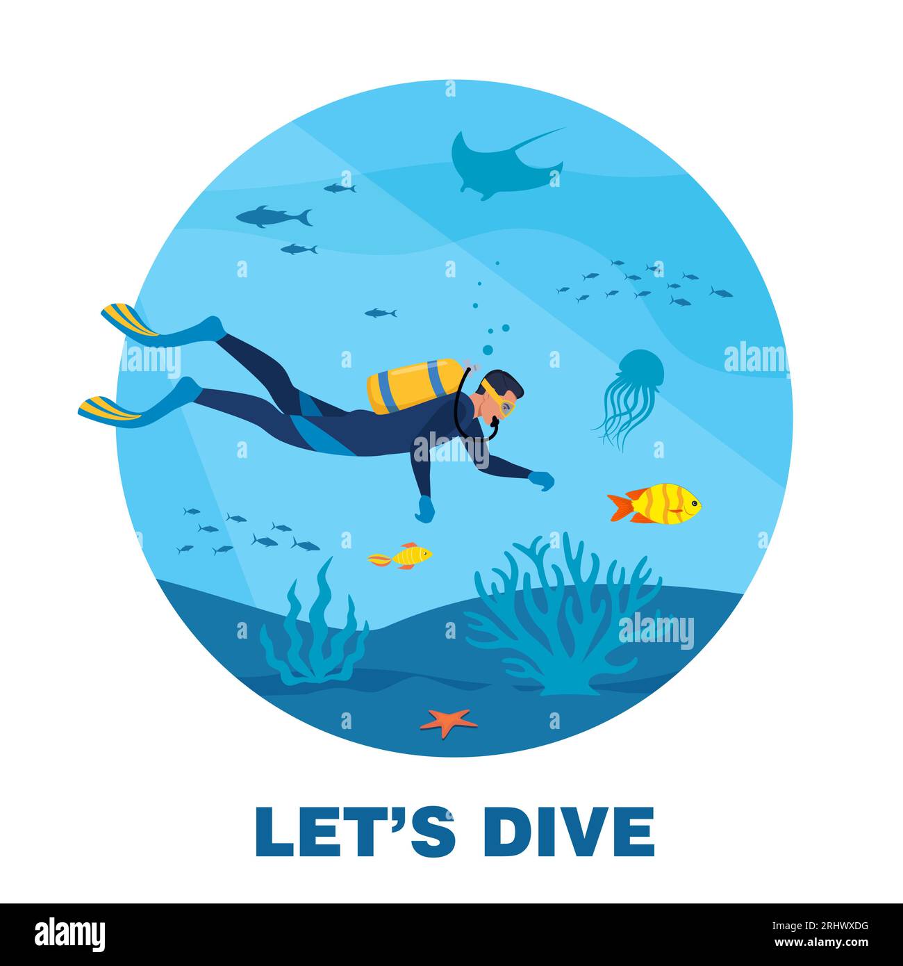 Let's dive, round banner. Diver with diving equipment swims in the sea ...
