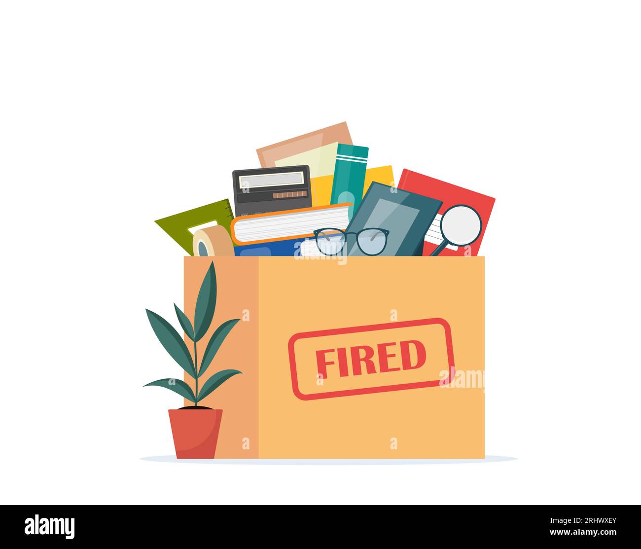 Box with the things of a dismissed employee. Office accessories in ...