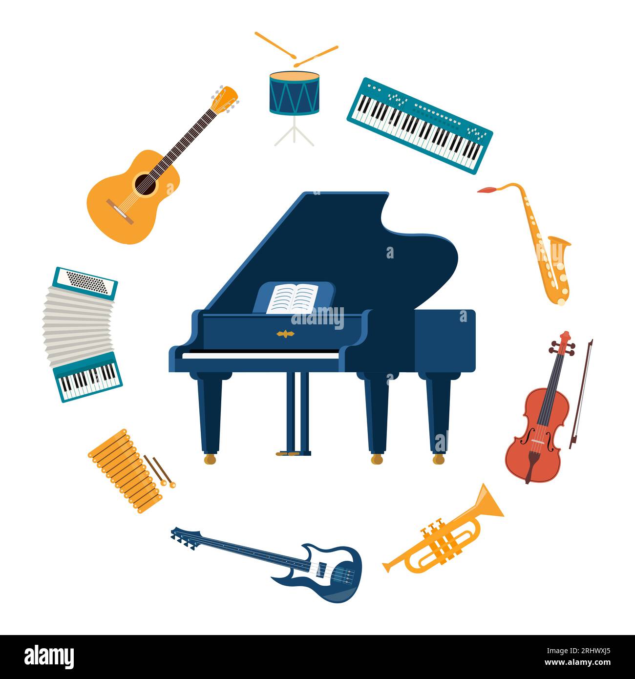 Musical Instruments Set Of Icons Guitar Synthesizer Violin Cello Drum Cymbals Saxophone