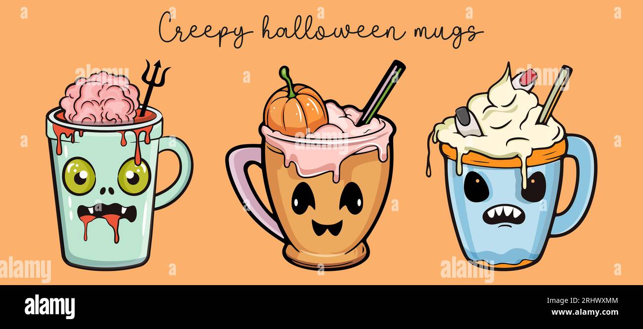 Happy Halloween set of cute creepy mugs with face. Vector illustration ...