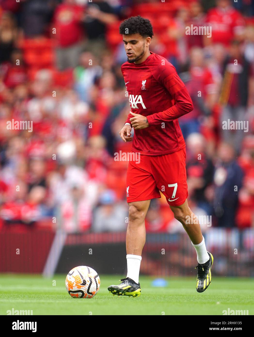 Liverpool's Luis Diaz warming up prior to kick-off before the Premier ...