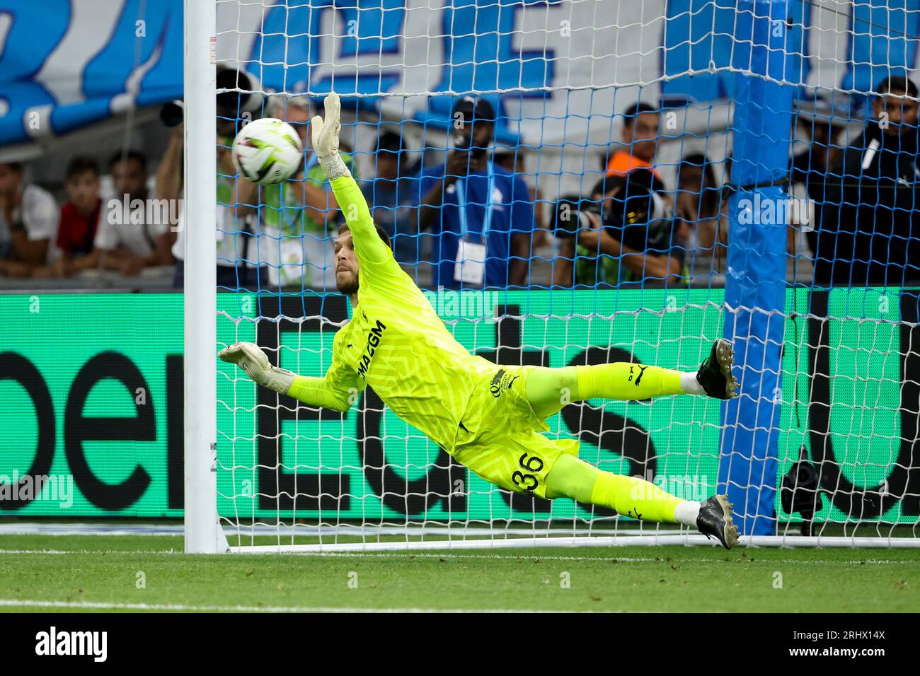 Marseille goalkeeper Ruben Blanco in action during the penalty shootout ...