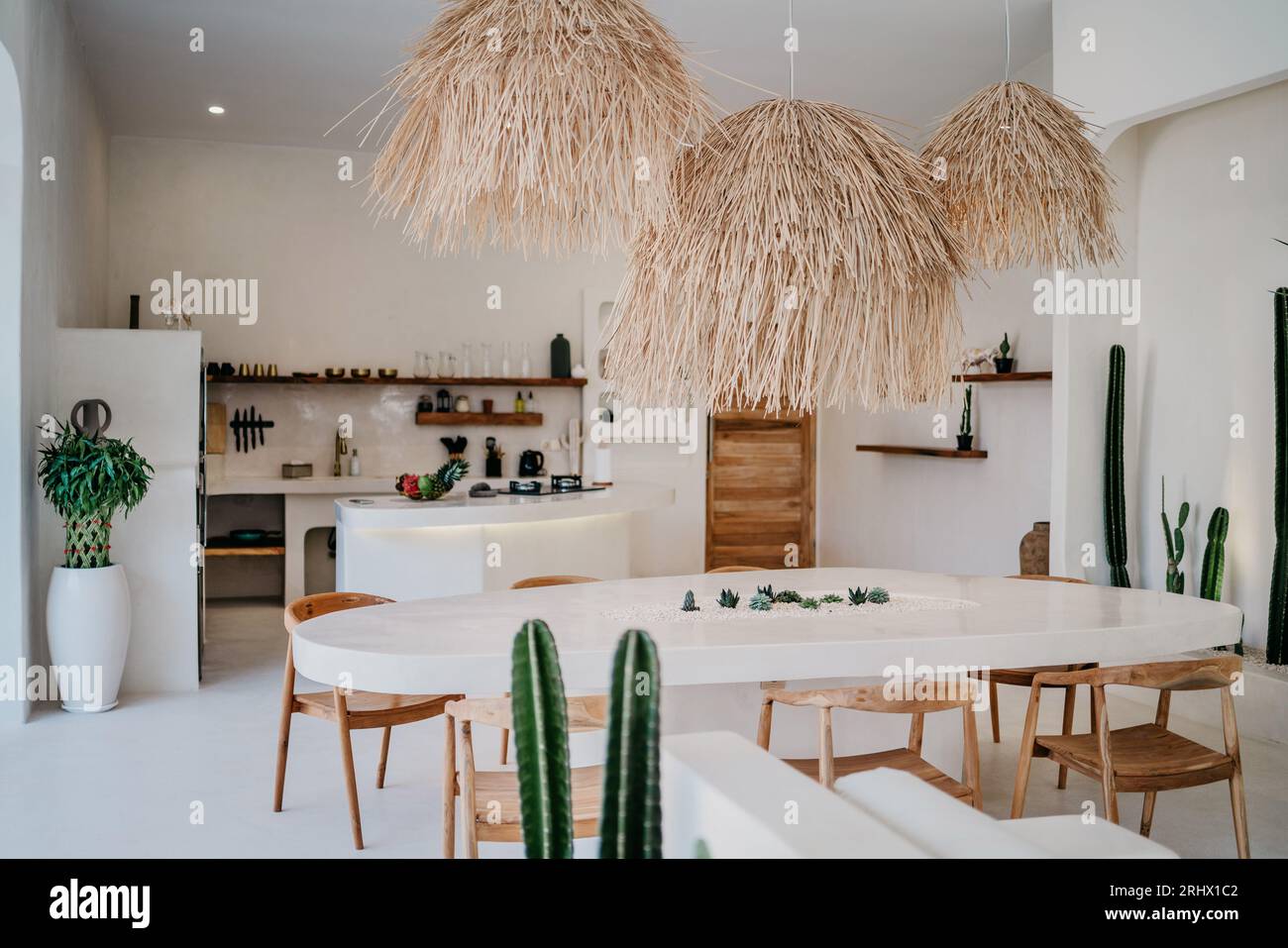 Luxury interior design in living room with open space kitchen. Airy and ...