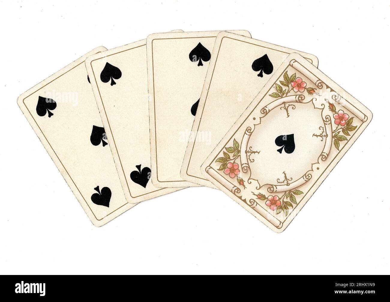 A poker hand of antique playing cards featuring a straight flush of ...