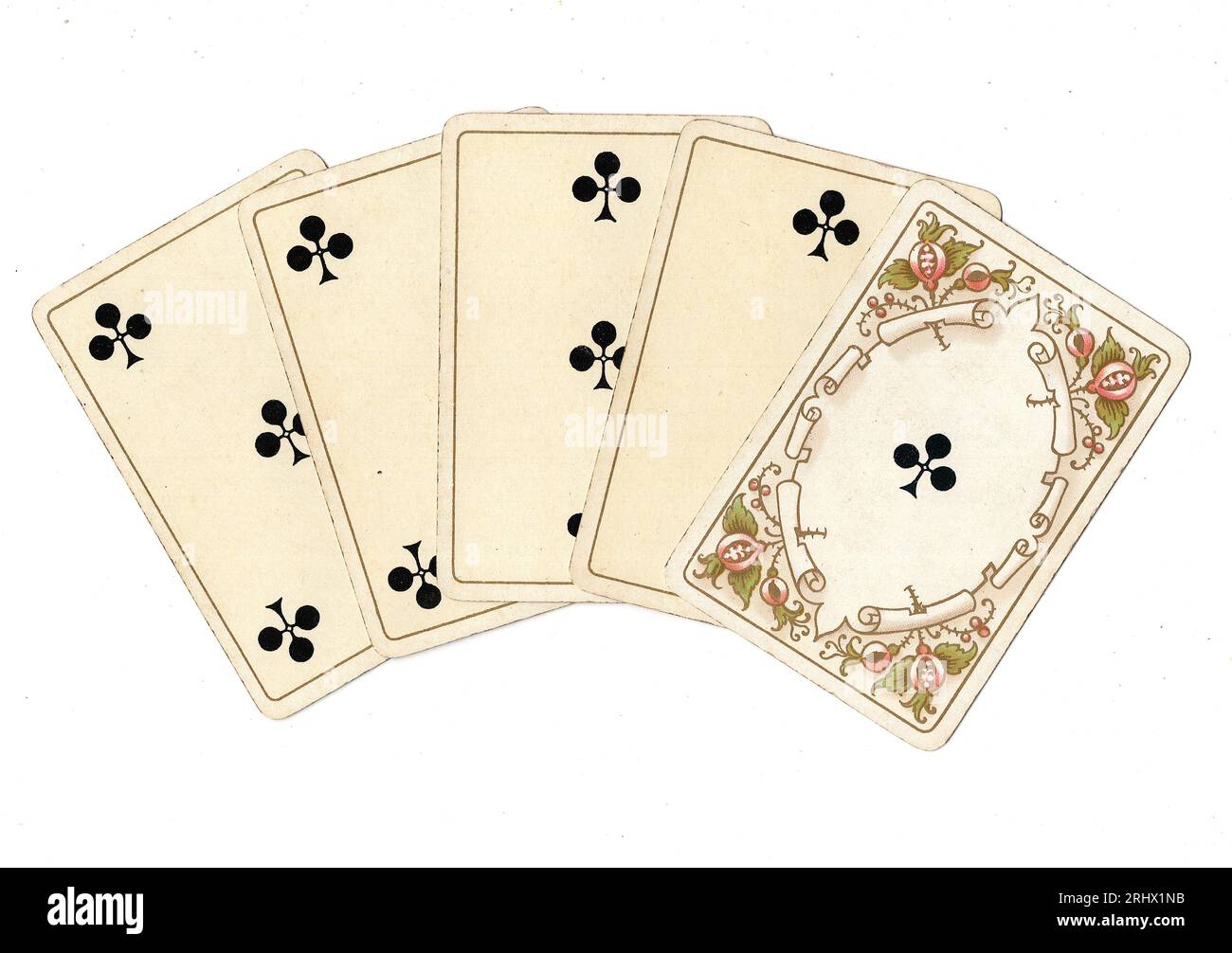 A poker hand of antique playing cards featuring a straight flush of ...