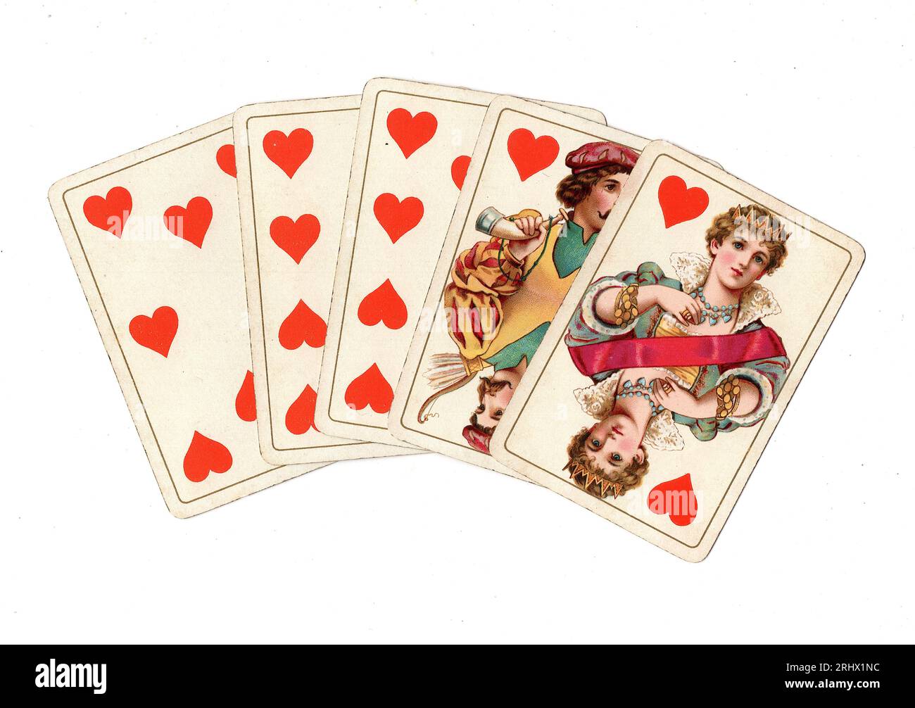 A poker hand of antique playing cards featuring a straight flush of ...