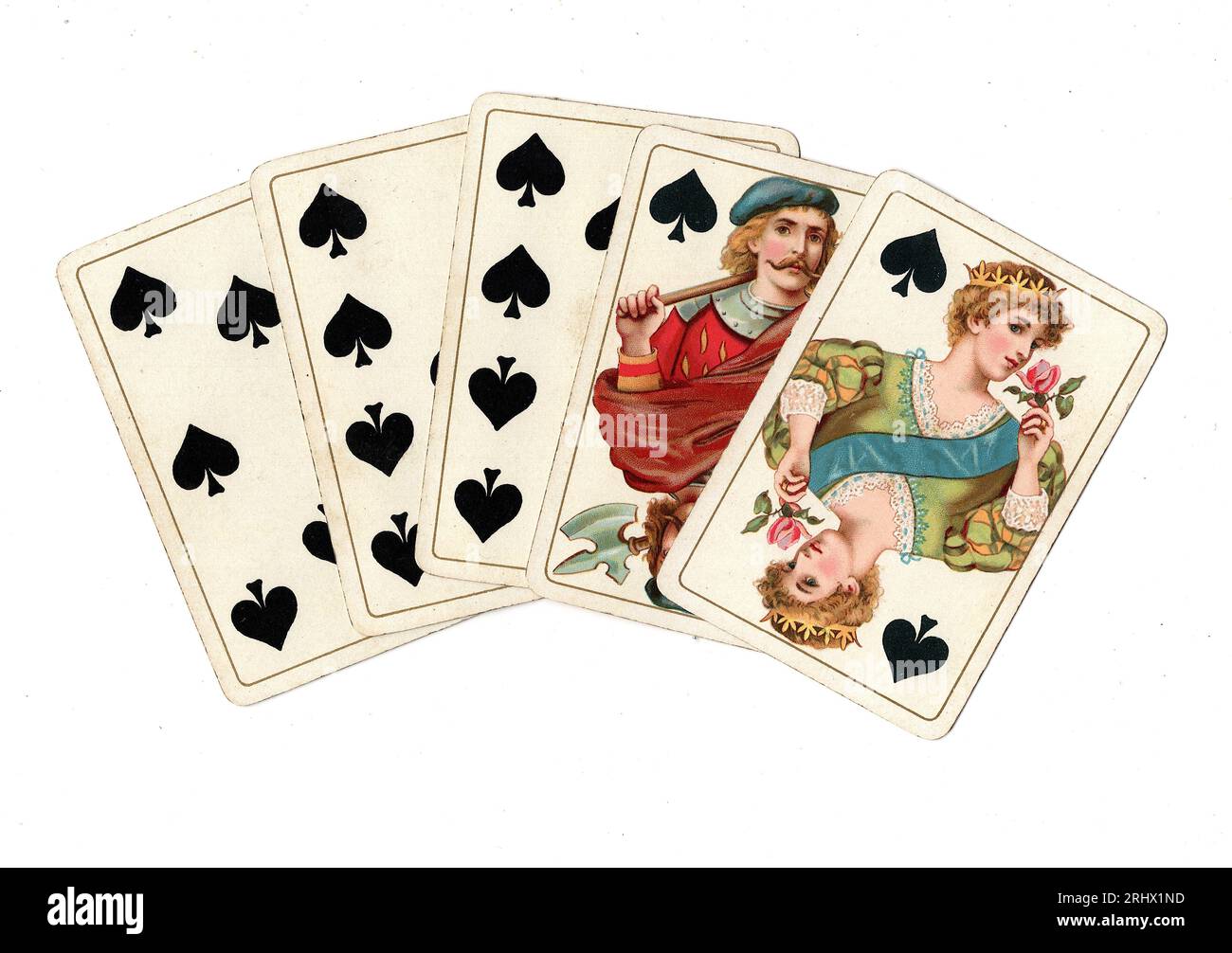 A poker hand of antique playing cards featuring a straight flush of ...