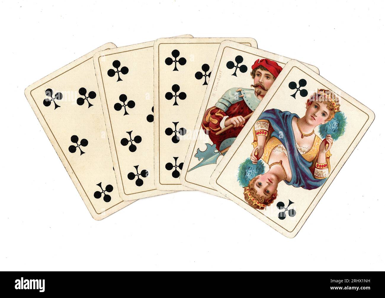 A poker hand of antique playing cards featuring a straight flush of ...