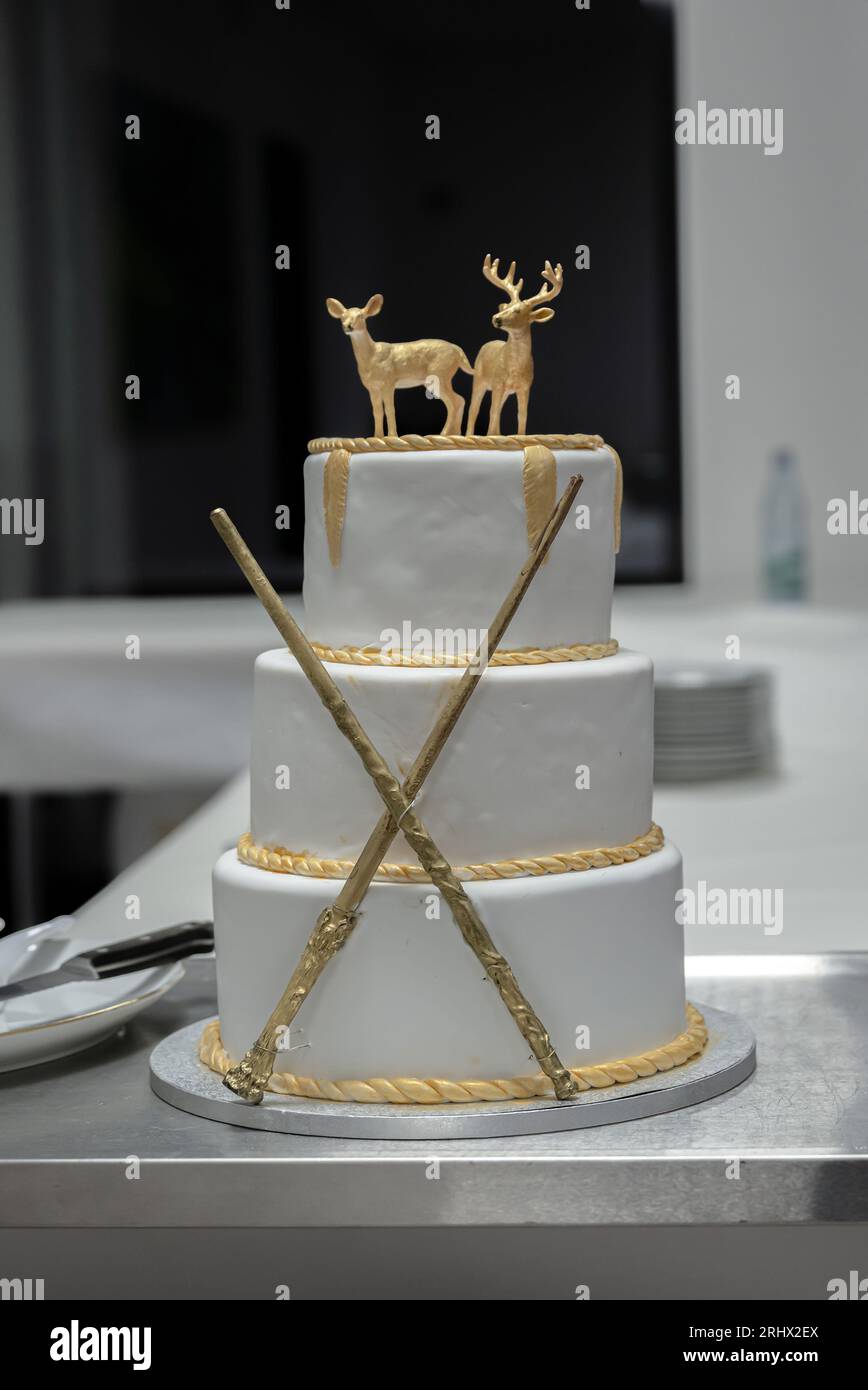 Two rendeer wedding cake toppers with magig sticks and gold elements ...