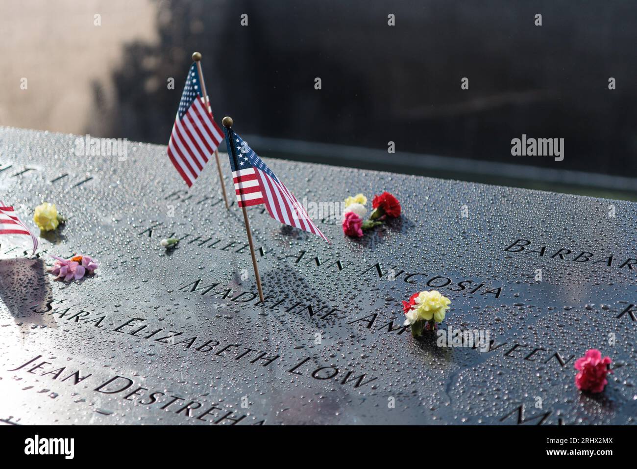National September 11 Memorial, american flag, flowers, names, New York ...