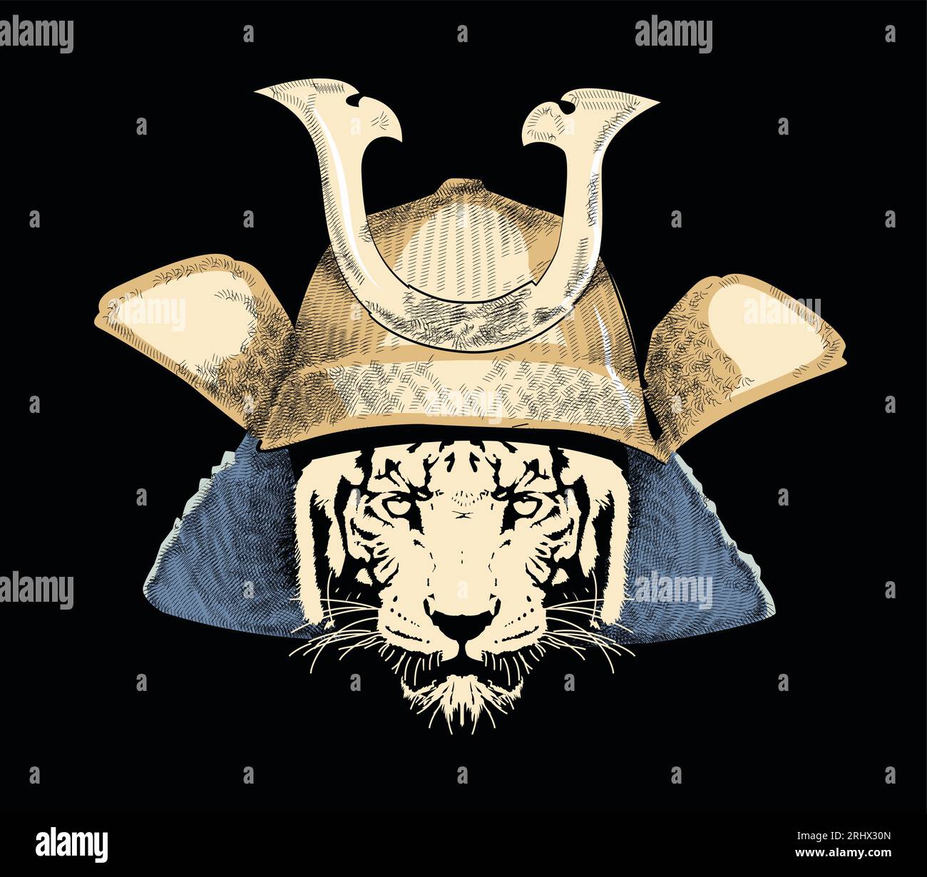 T-shirt design of a tiger head with a samurai helmet. Fantastic style ...