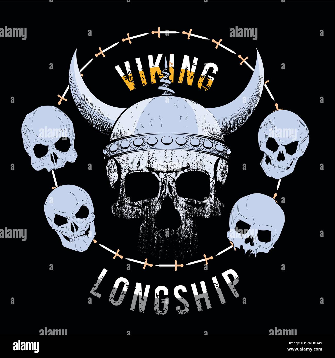 vector illustration of a skull with viking helmet surrounded by small ...