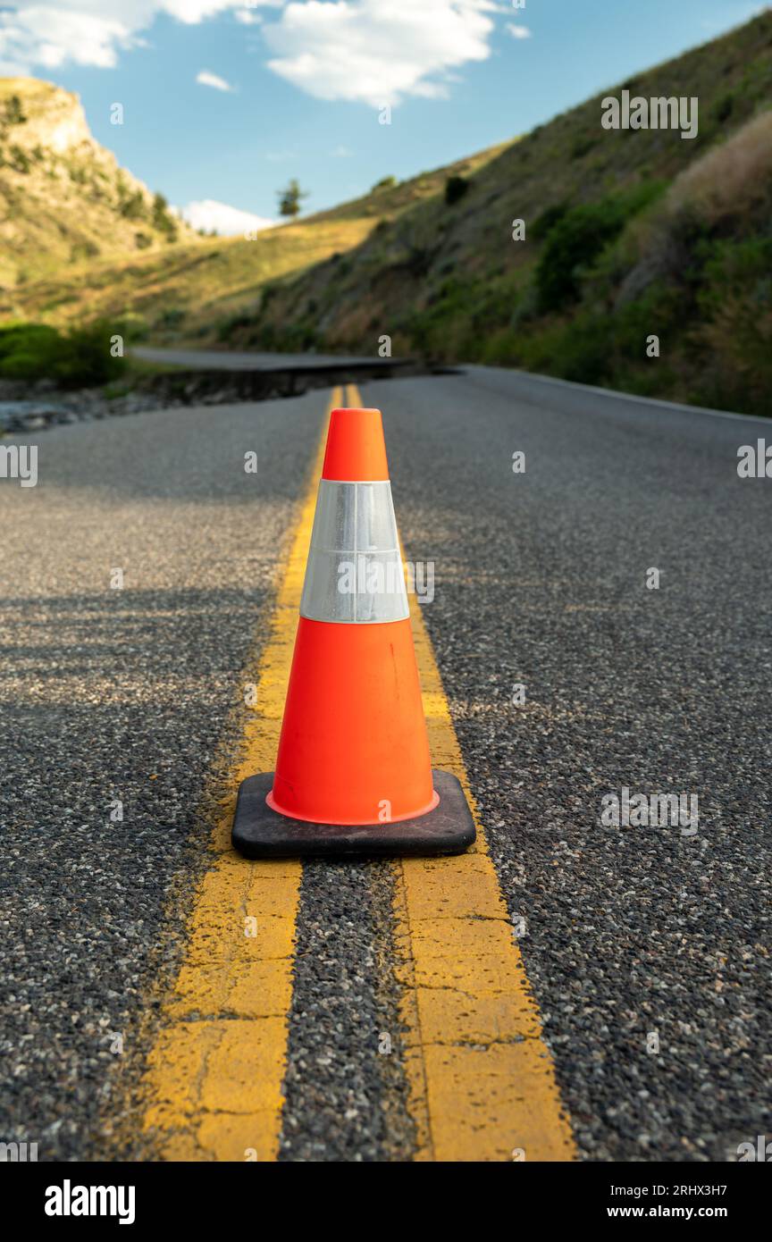 Traffic Cone Near The Damaged Road In Yellowstone National Park Stock ...