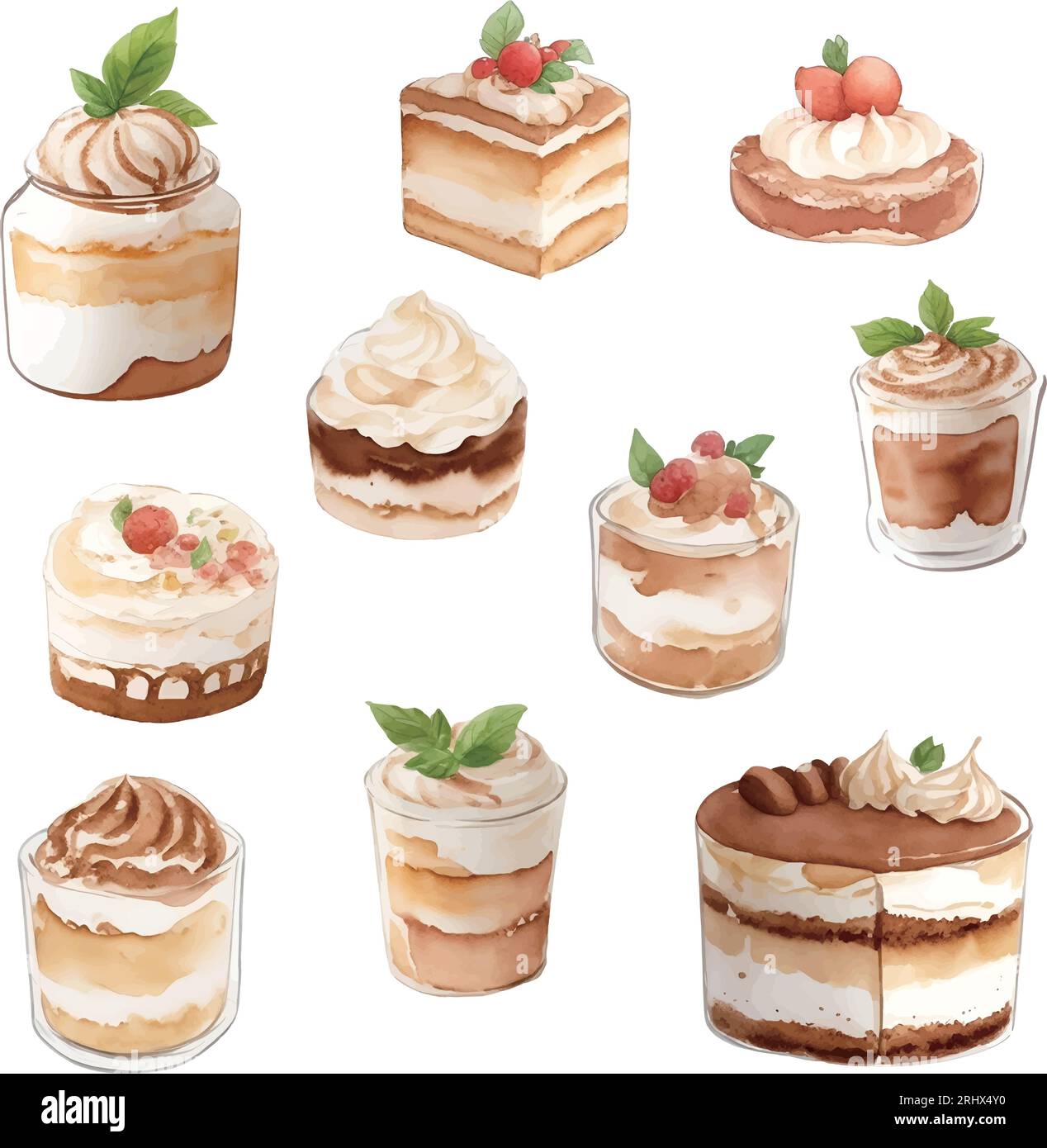 Cake tiramisu collection isolated on white background. Watercolor hand ...
