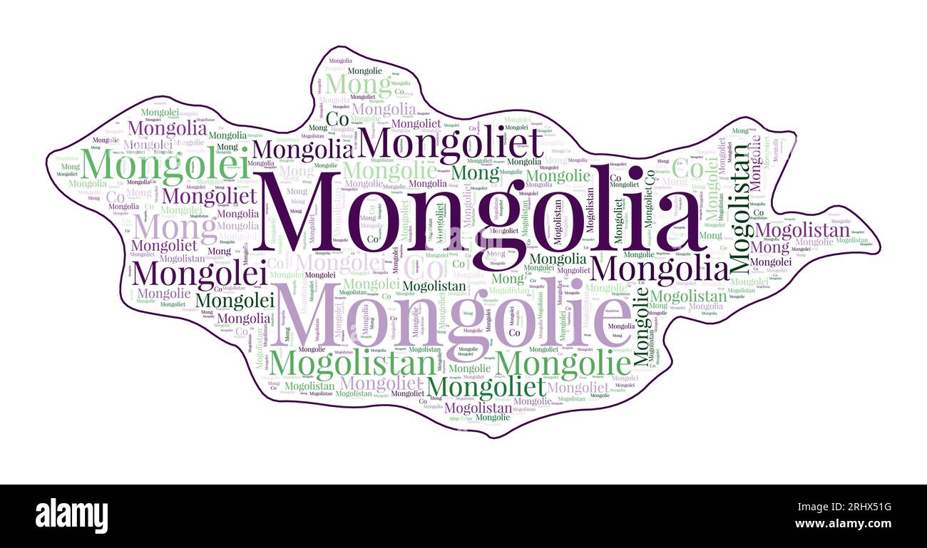 Mongolia shape filled with country name in many languages. Mongolia map ...