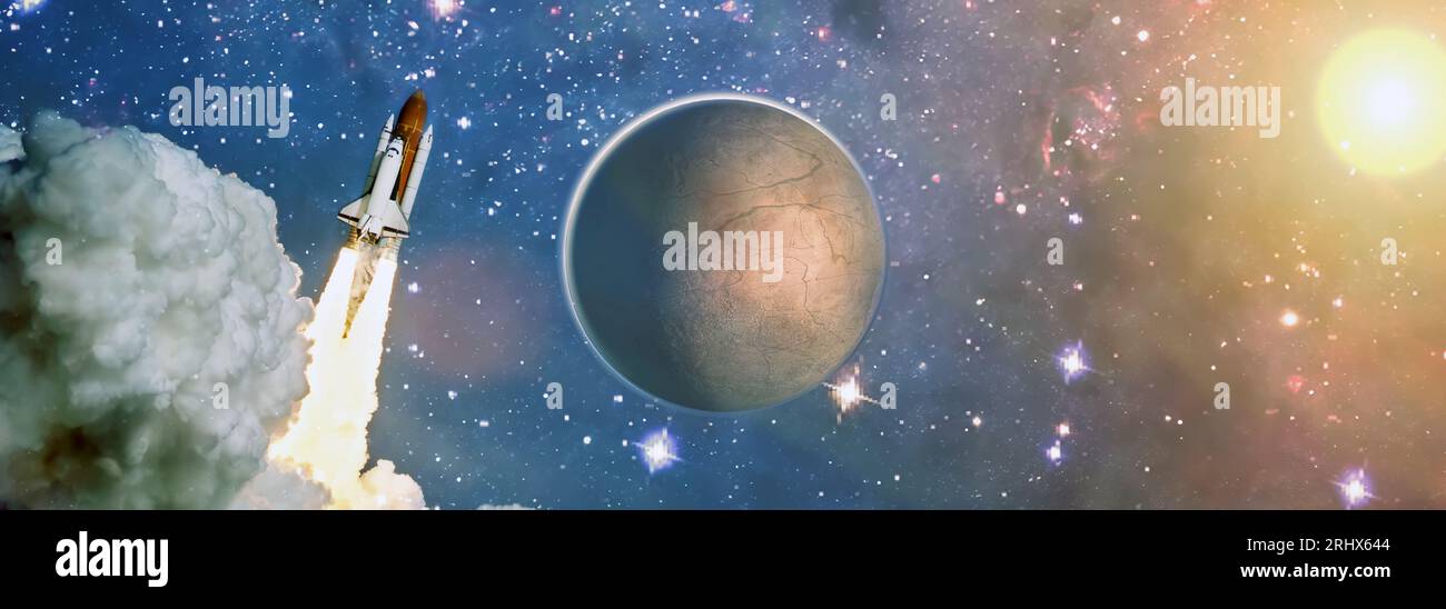 Shuttle launch in the clouds to outer space. Dark space with stars on ...