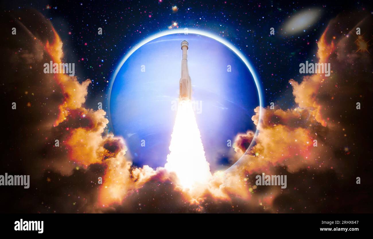 Dark space shuttle launch in the clouds with stars on background ...