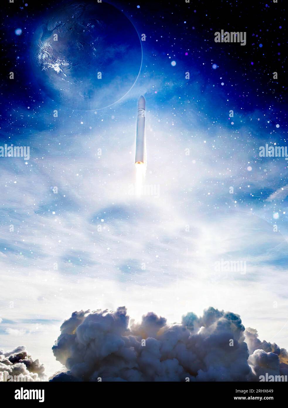 Dark space shuttle launch in the clouds with stars on background ...