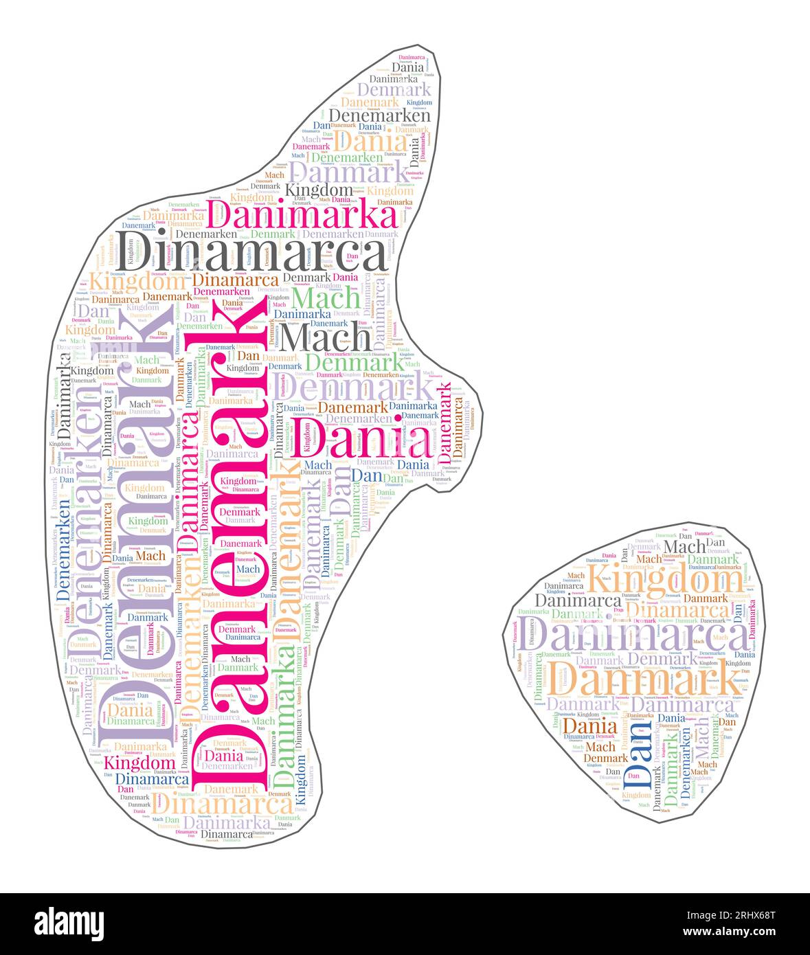 Denmark shape filled with country name in many languages. Denmark map ...