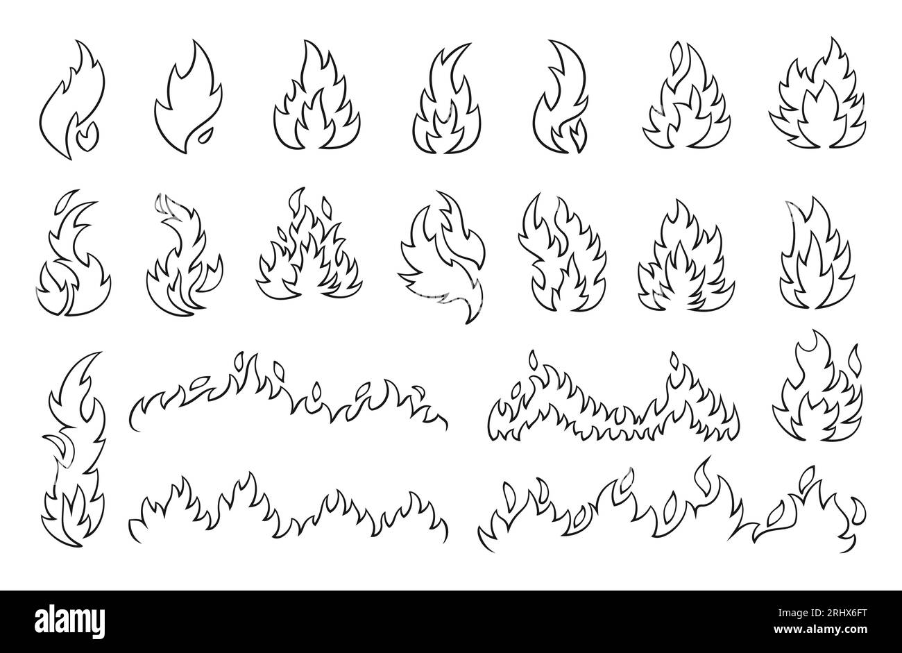 Fire line. Outline symbols set. Burning bonfire, isolated decorative ...