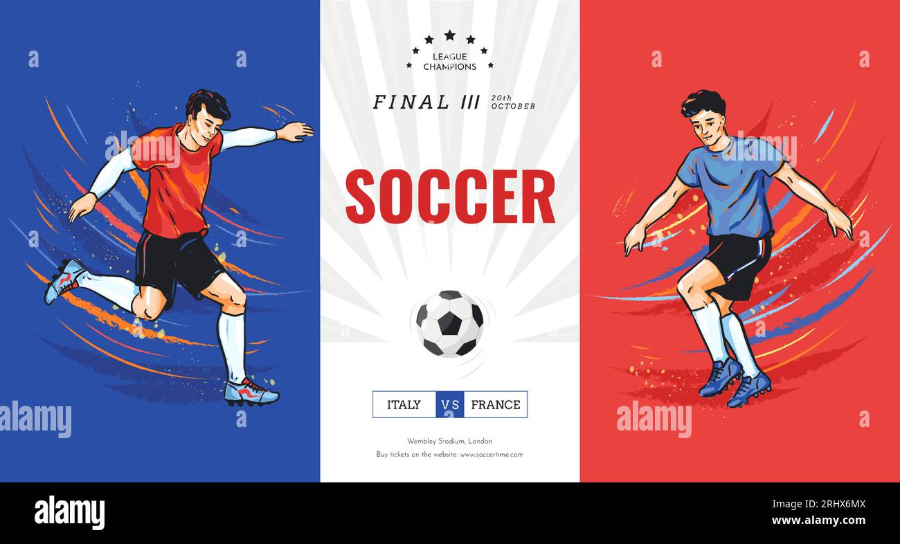 Sport players. Football field, celebrating goal, champion match banner ...