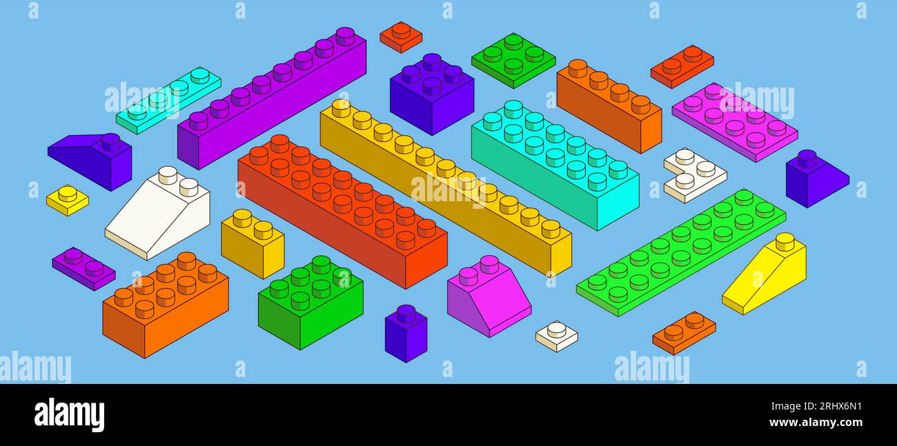 Lego blocks. Isometric brick build. Plastic play pattern. Colorful ...