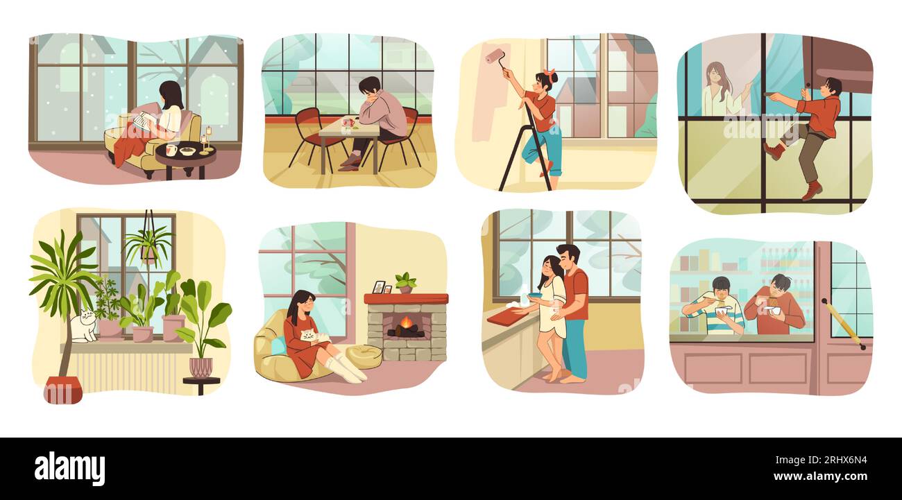 People relax. Happy characters leisure. Man drinks coffee in cafe ...