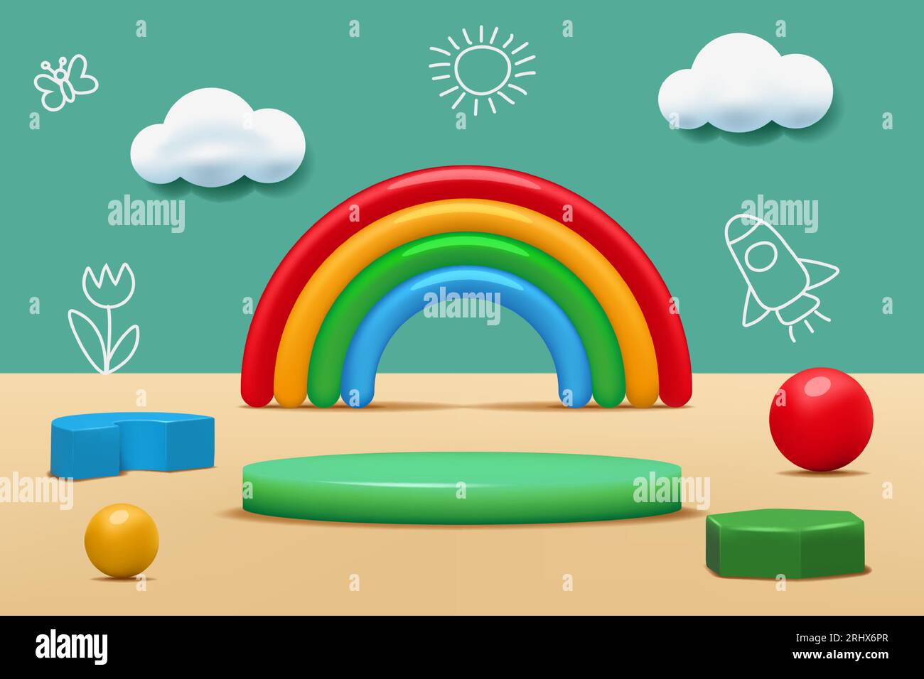 3D baby podium. Cute balls and colorful rainbow. Display or cylinder ...
