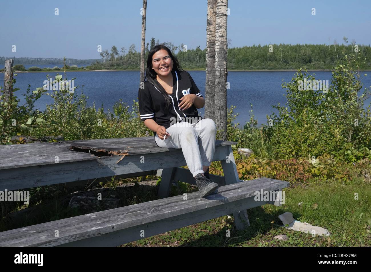 Neskantaga, Can. 18th Aug, 2023. Resident Kendra Moonias poses for a ...