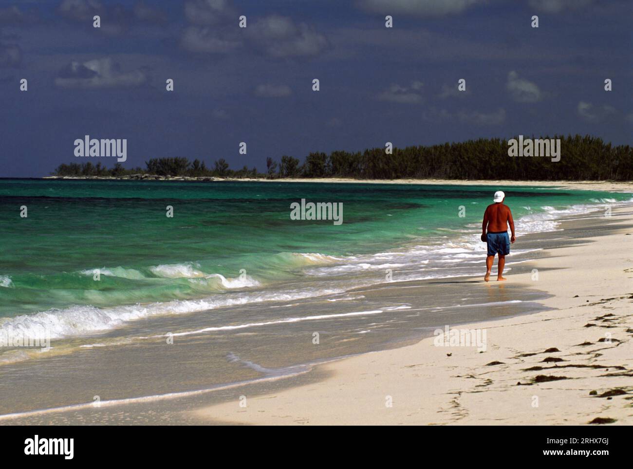 sand beach, aqua water, trees, sun tanned man walking, crescent ...