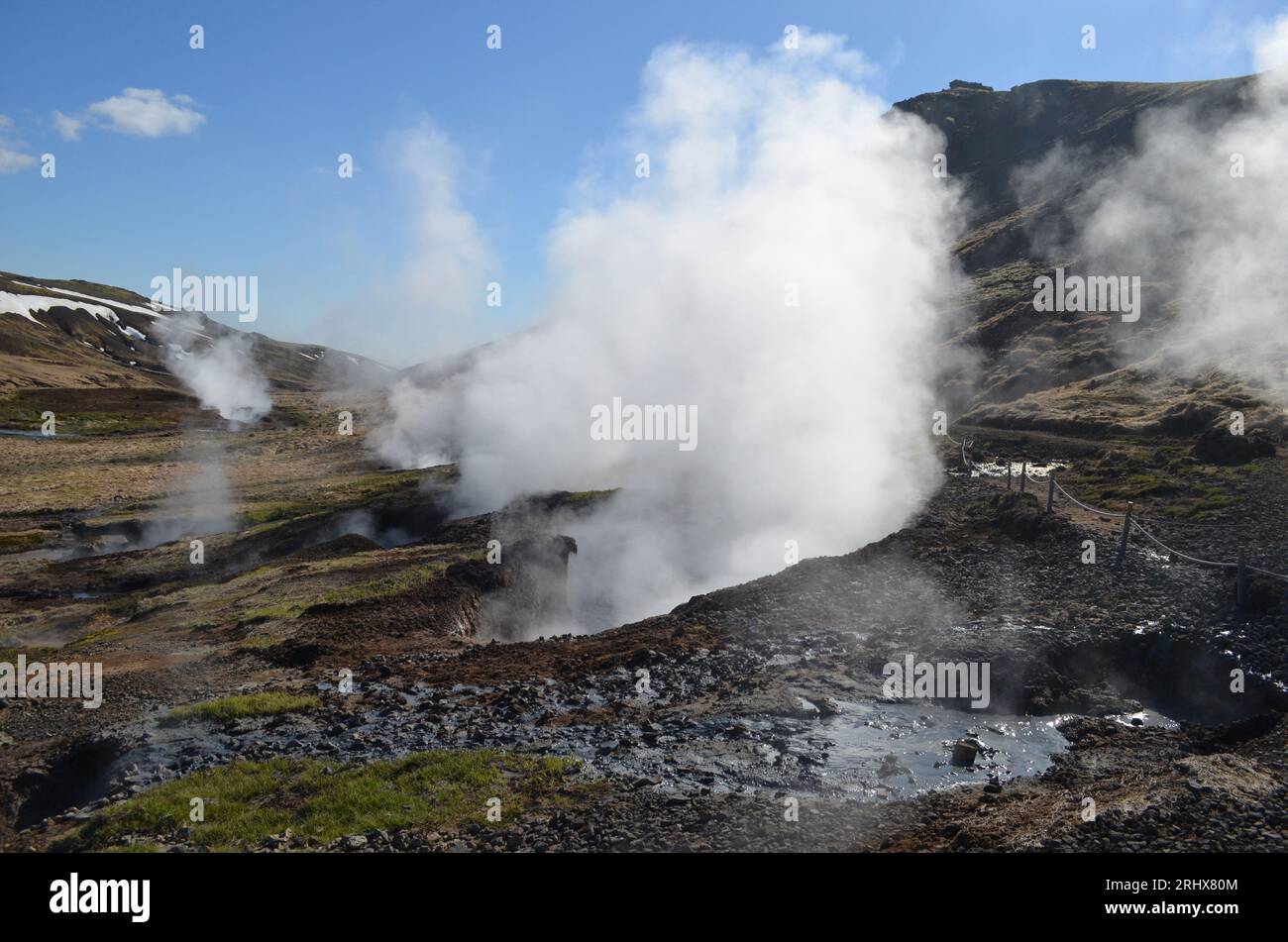 Hot steam rising from geothermal activity in rural rugged Iceland Stock ...