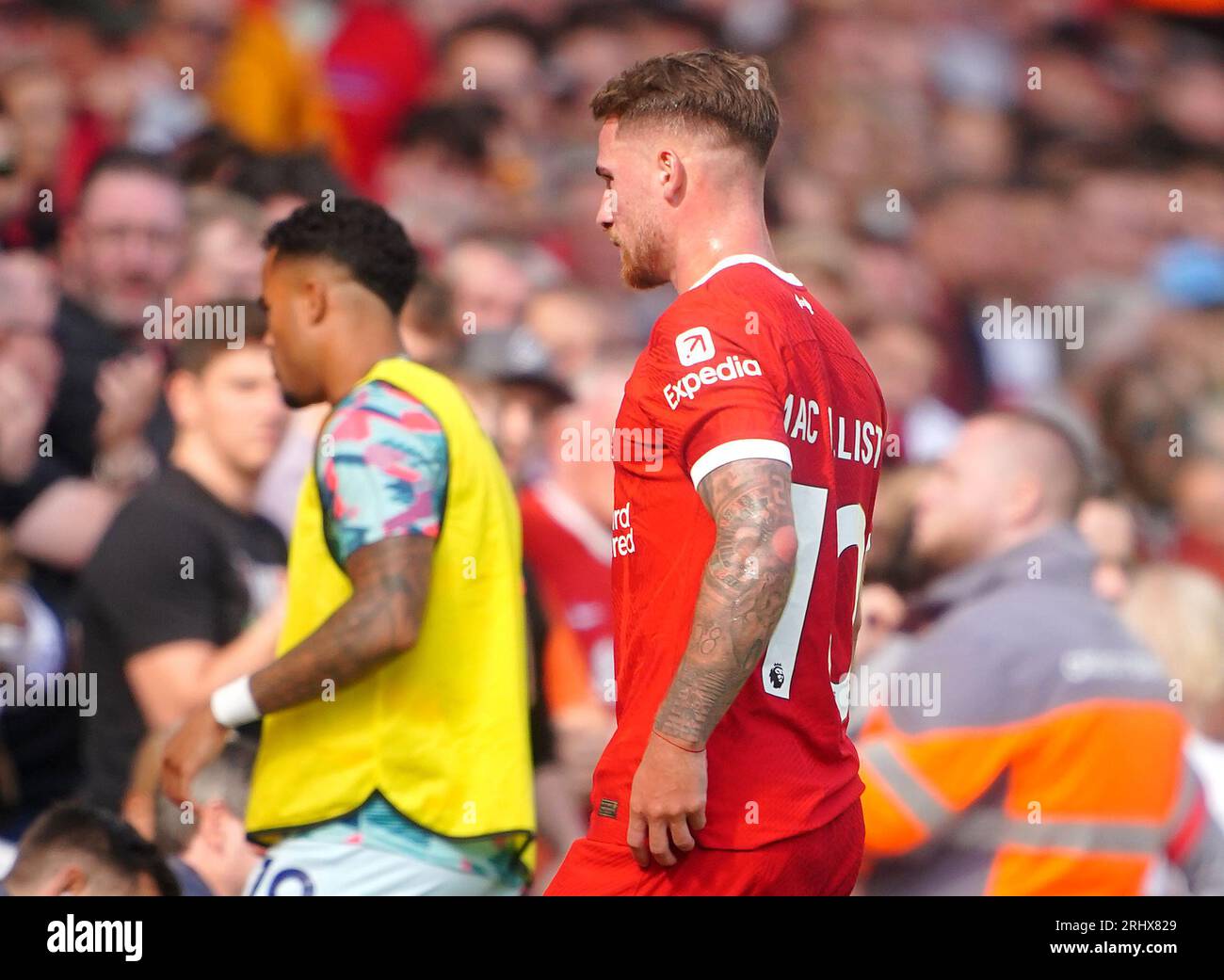 Liverpool's Alexis Mac Allister reacts after being shown a red card by ...