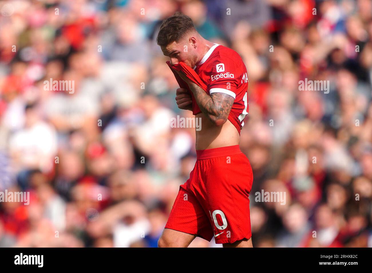 Liverpool's Alexis Mac Allister reacts after being shown a red card by ...