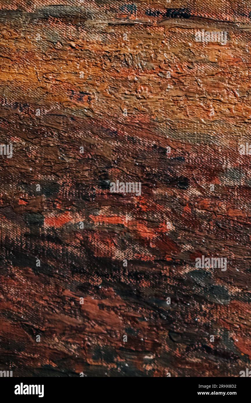 Abstract background of painting with orange brown red oil strokes ...