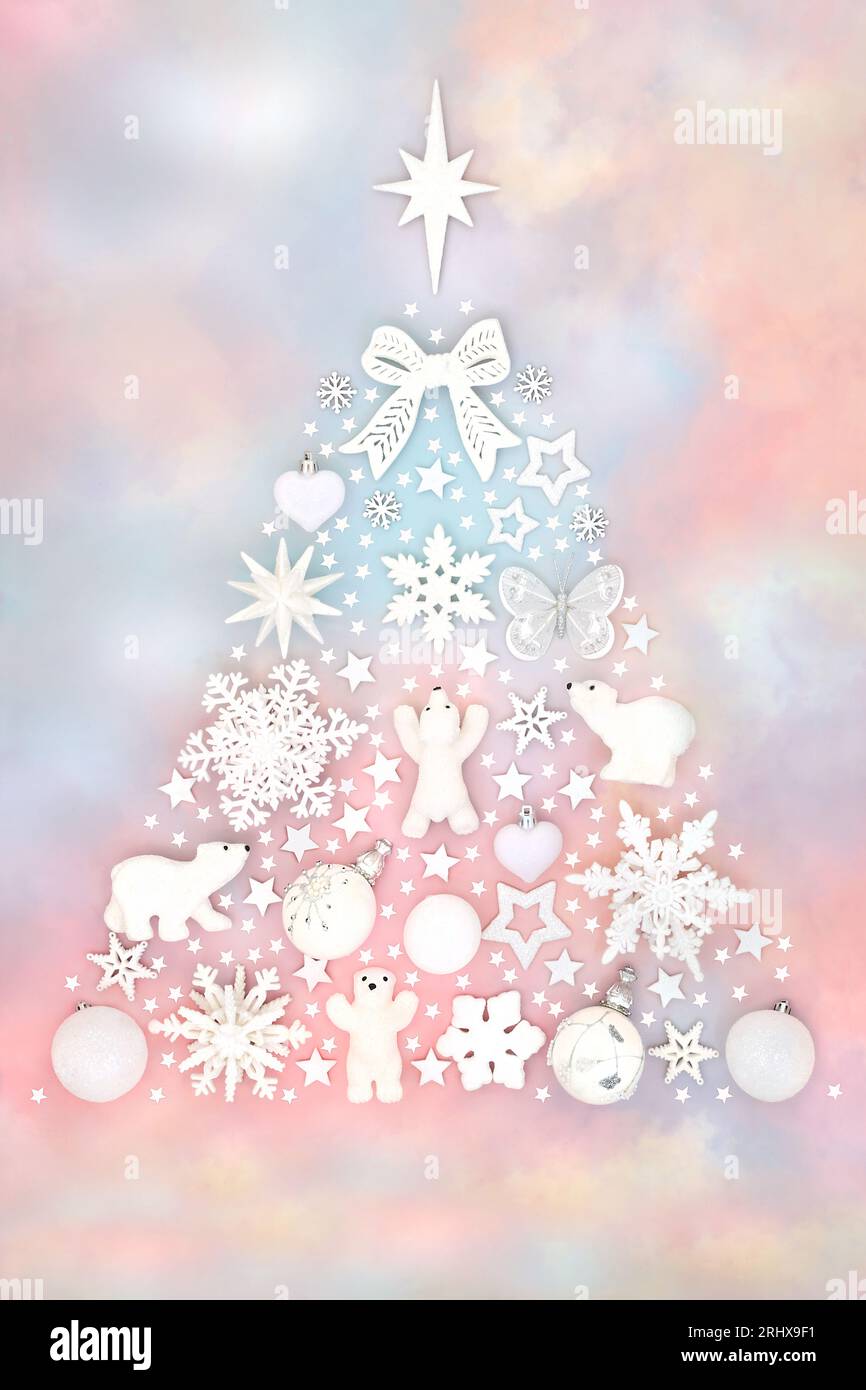 Christmas tree fantasy surreal design with white bauble decorations and ...