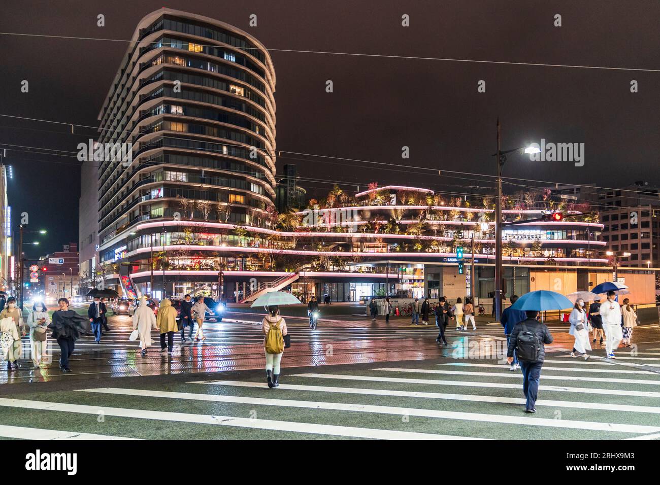 Night time view of the Sakura machi shopping mall that opened in ...