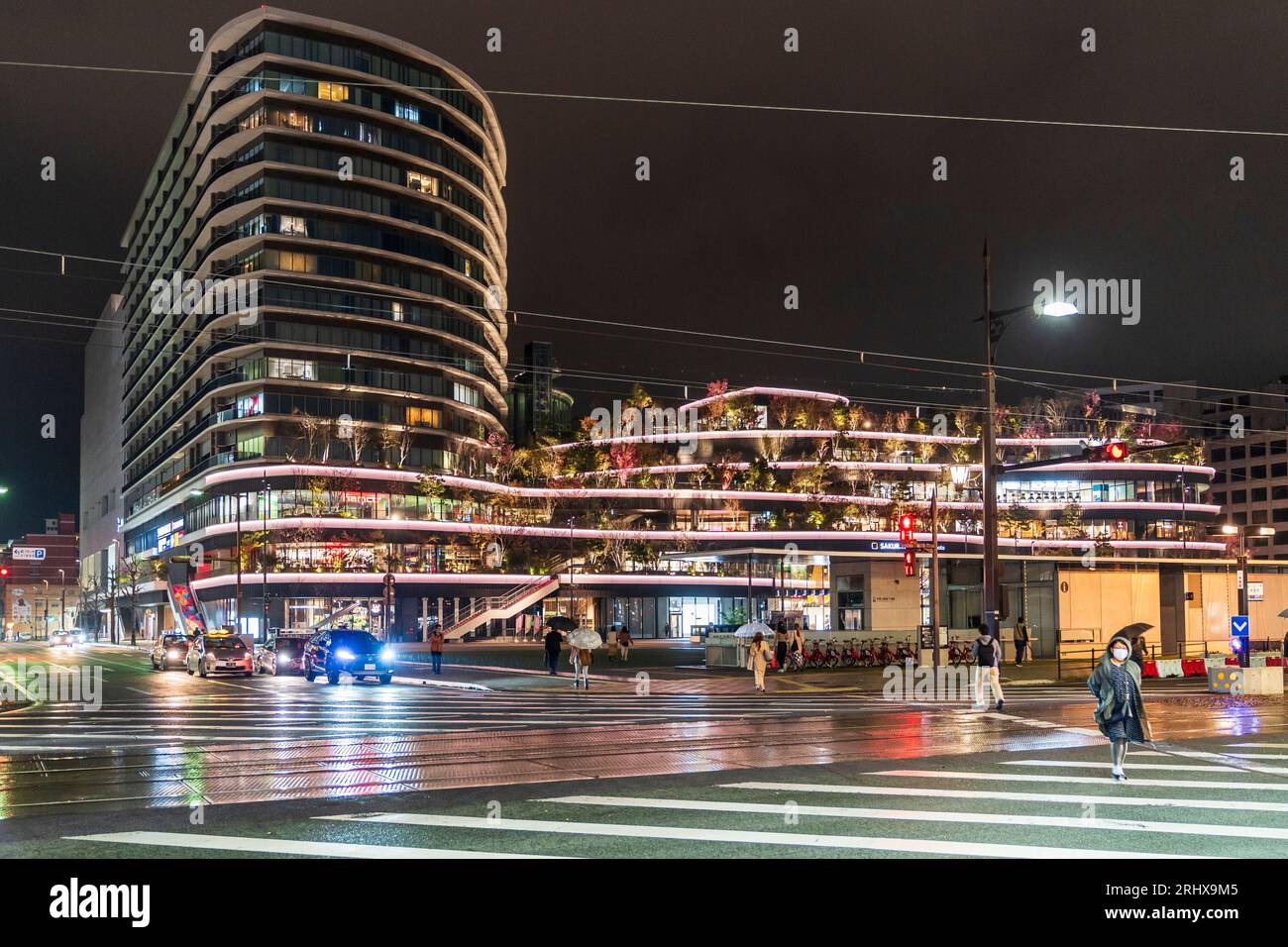 Night time view of the Sakura machi shopping mall that opened in ...