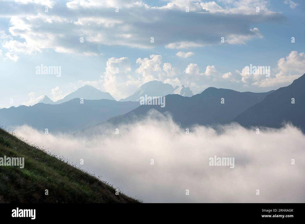Beautiful morning landscape with fog and mountains Stock Photo - Alamy