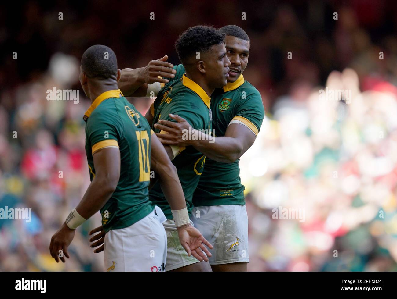 South Africa's Canan Moodie celebrates scoring his sides sixth try ...