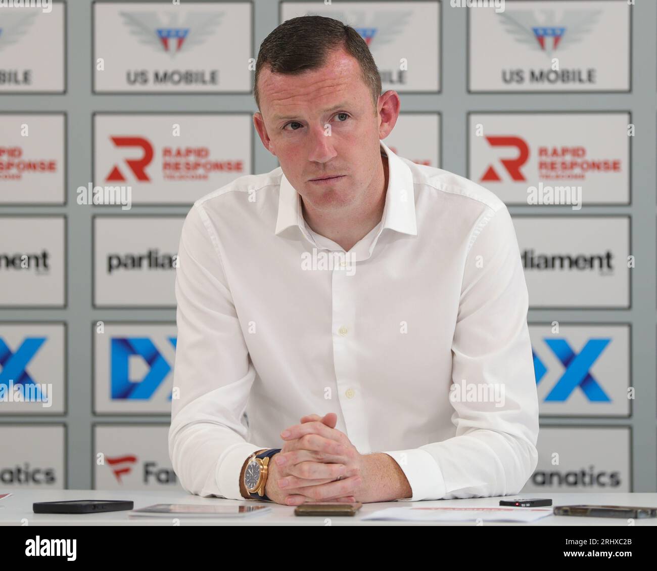 Neill Collins Head coach of Barnsley speaks in the post match press ...