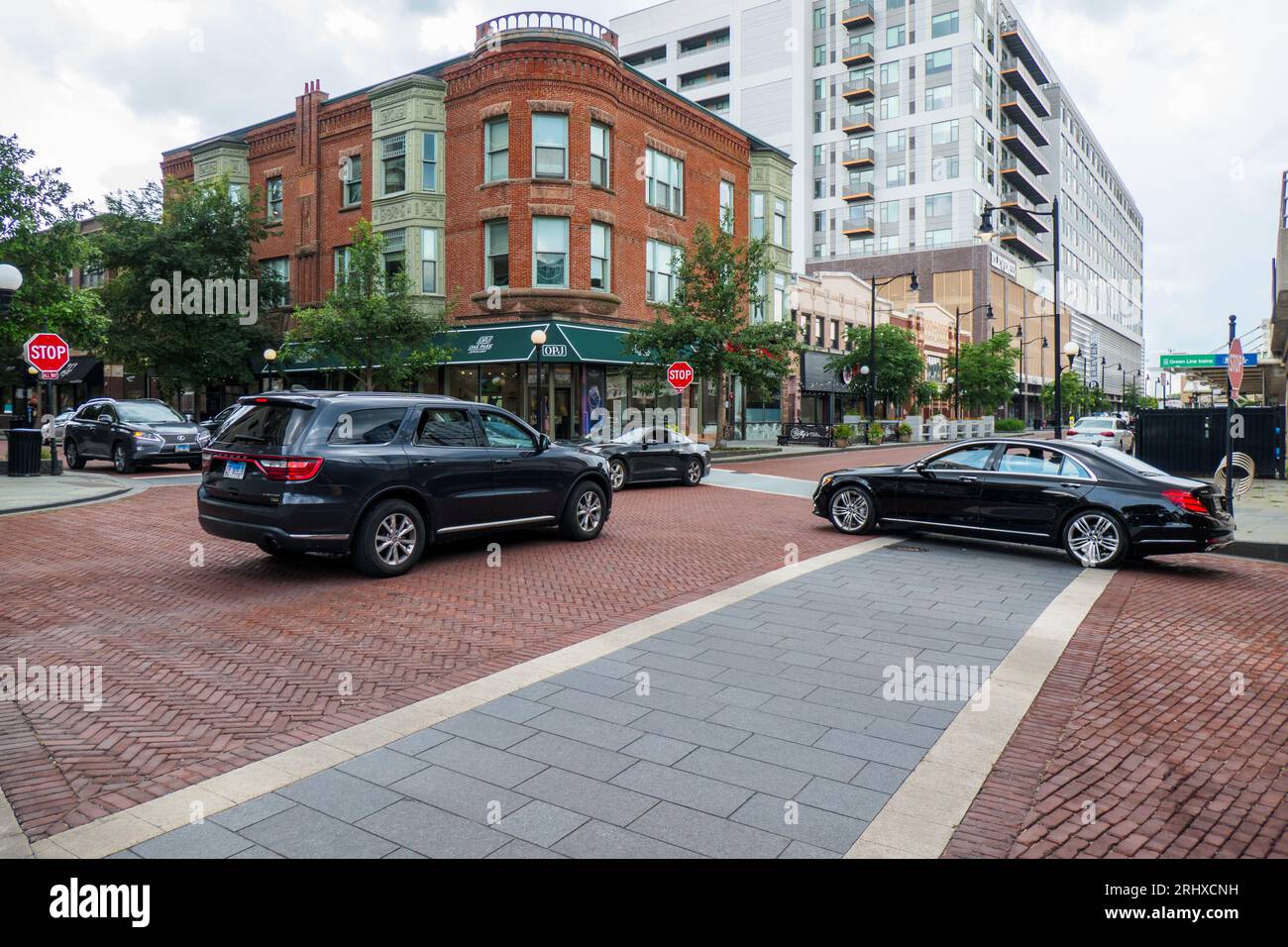 Traffic conflict at a four-way stop sign. Oak Park, Illinois Stock ...