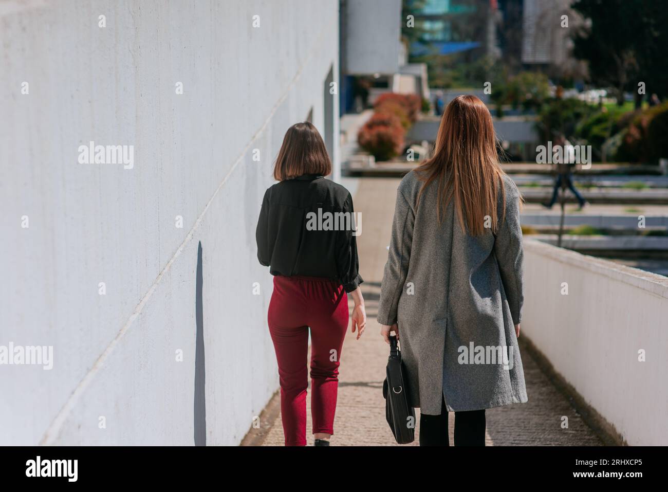 Blonde and brunette businesswomen walking down.. Back view shot Stock ...