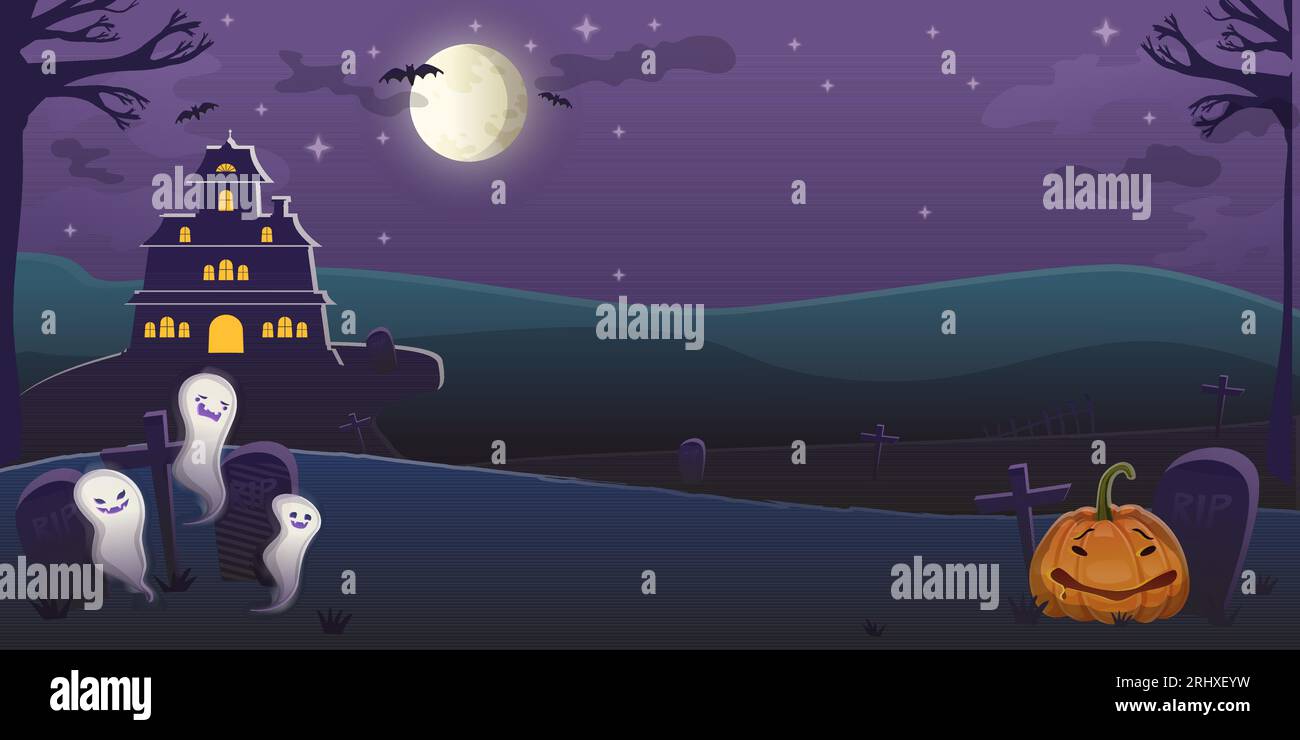 Halloween purple background with night moon, with castle, ghosts and ...